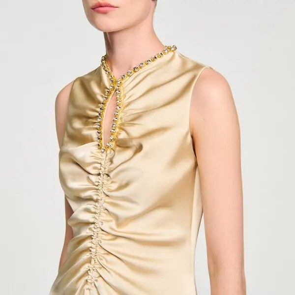 Sandro Satin-effect Midi Dress With Rhinestones