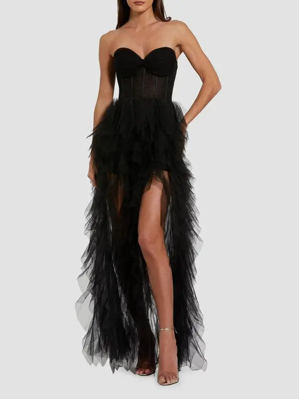 Mac Duggal Tulle Strapless Bustier Ruffled Gown - Black