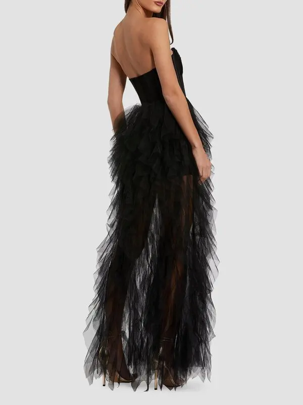 Mac Duggal Tulle Strapless Bustier Ruffled Gown