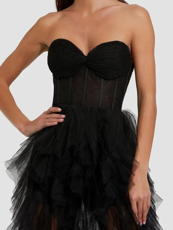 Mac Duggal Tulle Strapless Bustier Ruffled Gown