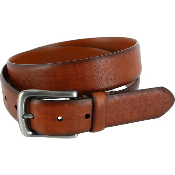 Trafalgar Caelen Plaid Embossed Leather Belt - Brown