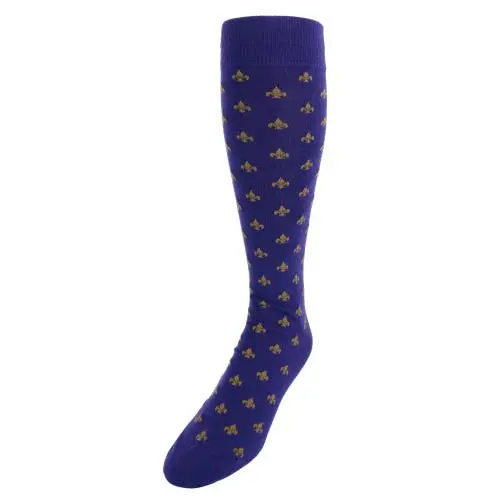 Trafalgar Atlas Fleur De Lis Over The Calf Fine Merino Wool Socks - Purple And Gold Fleur Di Lis