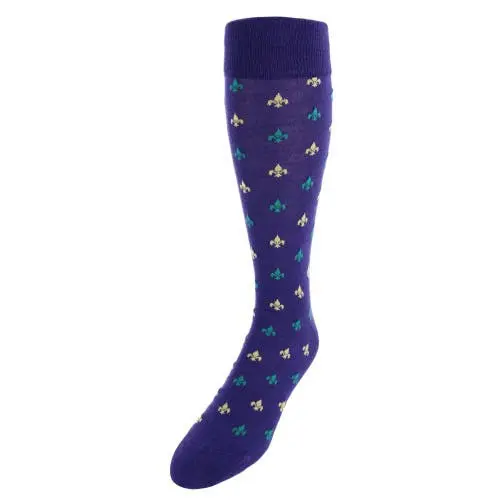 Trafalgar Atlas Fleur De Lis Over The Calf Fine Merino Wool Socks - Purple/green/yolk Fleur Di Lis