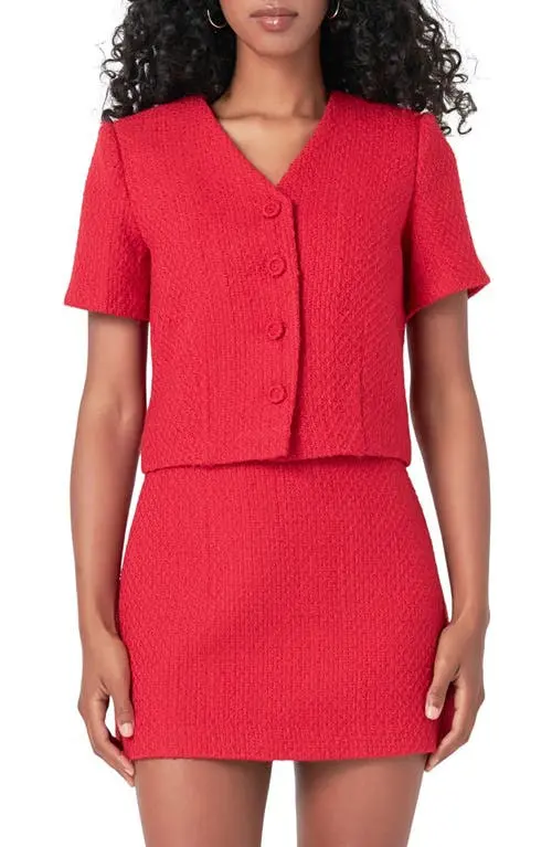 Endless Rose Button-front Tweed Crop Top - Red