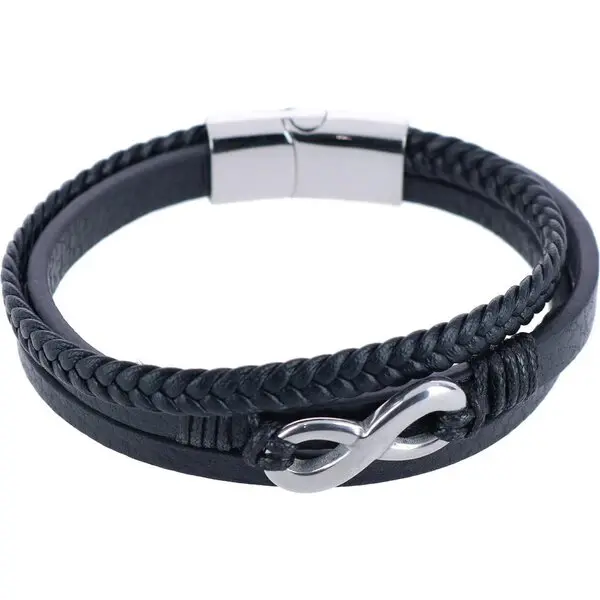 Trafalgar Infinity Triple Band Leather Bracelet - Black And Silver