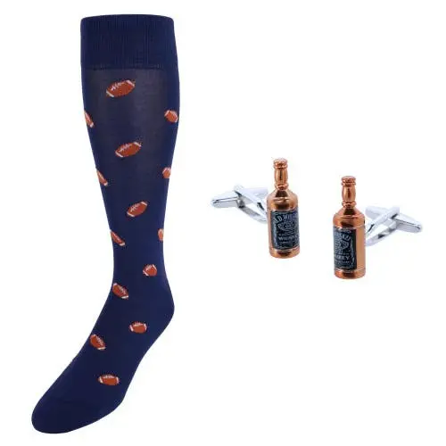 Trafalgar Cheers Whiskey Bottle Cufflinks With Touchdown Football Socks - Brown