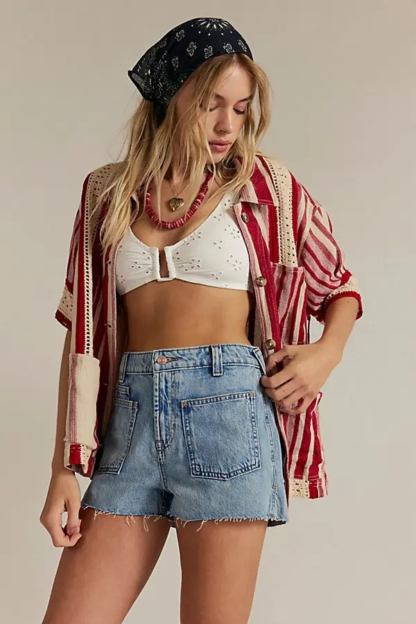 Free People We The Free Bettie Denim Sailor Shorts - Out At Sea Raw Hem