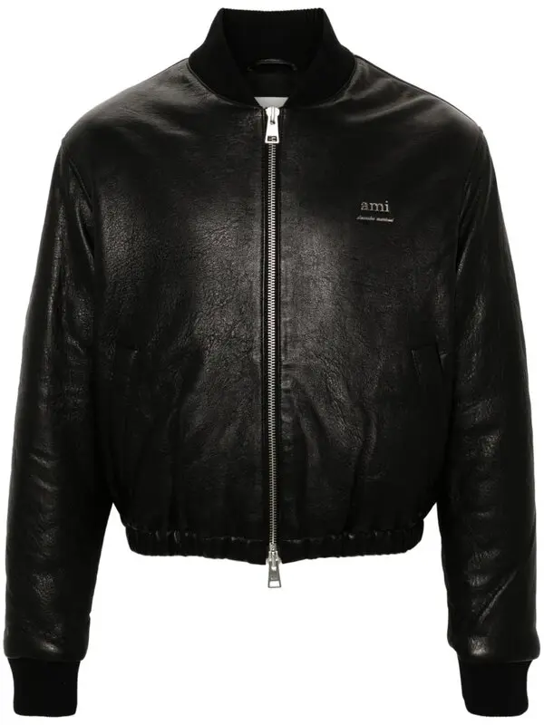 Ami Logo-plaque Leather Jacket - Black