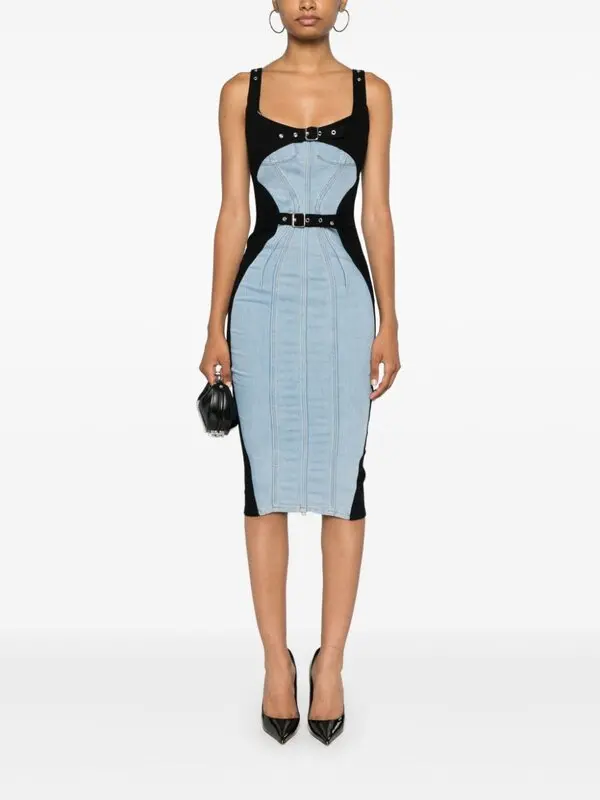 MUGLER Panelled Denim Midi Dress - Blue
