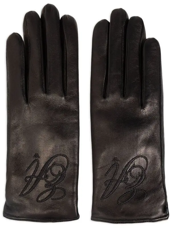 Emporio Armani Embroidered Leather Gloves - Black
