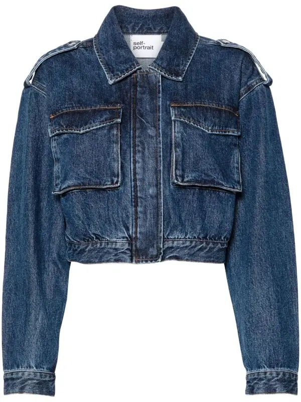 SELF-PORTRAIT Cropped Denim Jacket - Blue