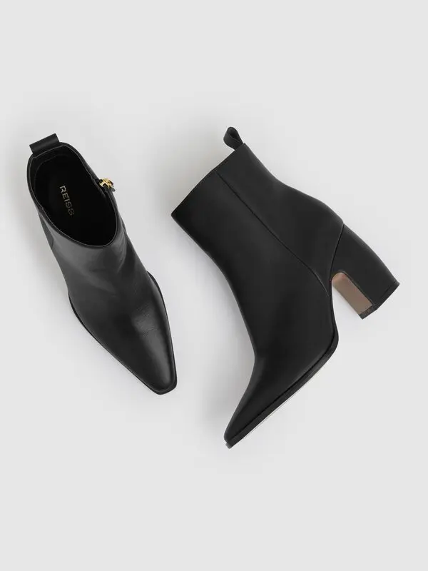 REISS Amy Leather Block Heel Ankle Boots - Black