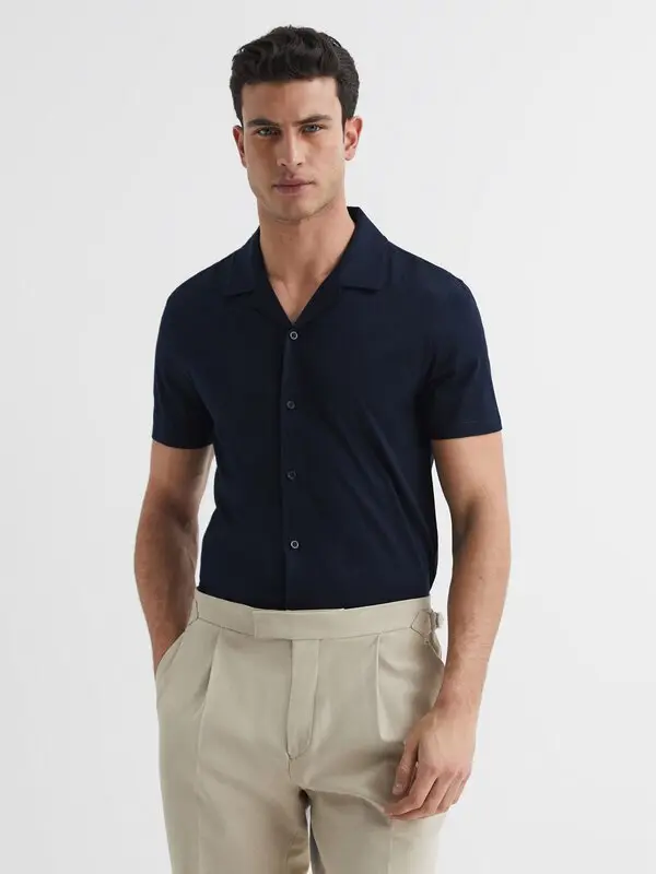 REISS Caspa Mercerised 100% Cotton Jersey Cuban Collar Shirt - Navy