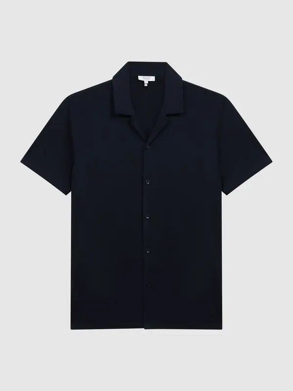 REISS Caspa Mercerised 100% Cotton Jersey Cuban Collar Shirt - Navy