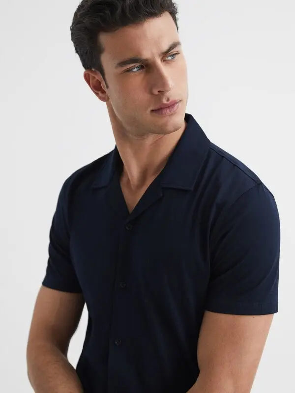 REISS Caspa Mercerised 100% Cotton Jersey Cuban Collar Shirt - Navy