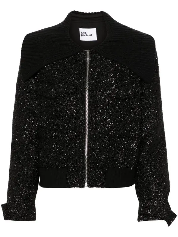 SELF-PORTRAIT Bouclé Bomber Jacket - Black
