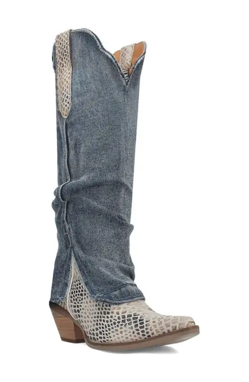 DINGO Denim And Snakeskin Knee High Boots