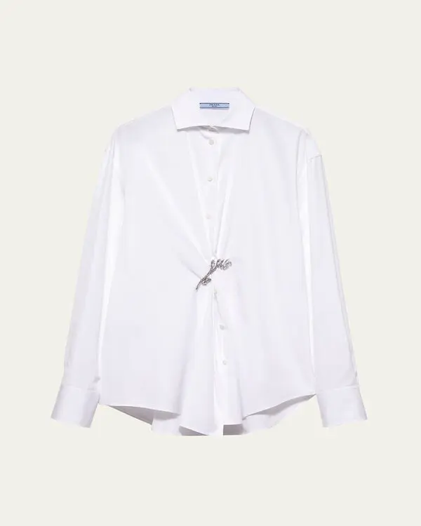 Prada Crystal Brooch Poplin Button Down Top - Bianco