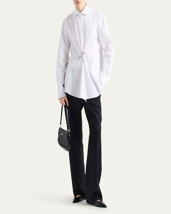 Prada Crystal Brooch Poplin Button Down Top - Bianco