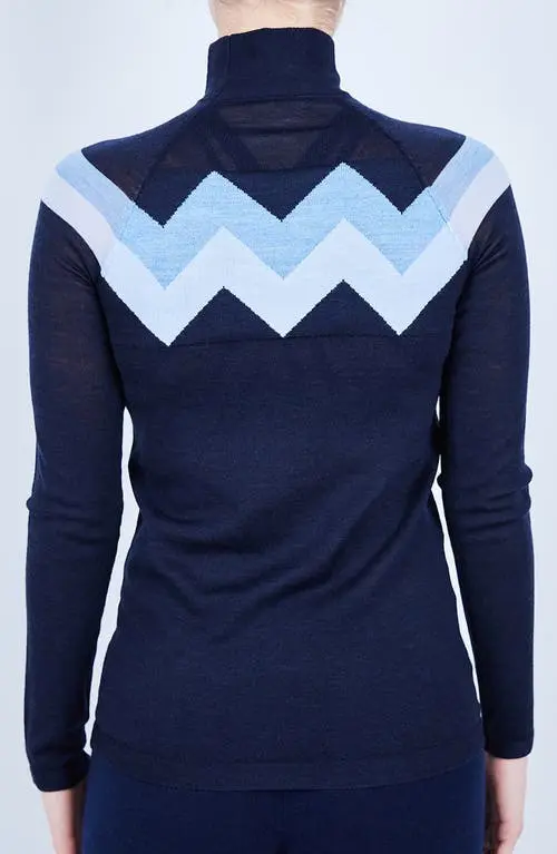 L'ETOILE SPORT Chevron Mock Neck Sweater - Navy With Light Blue Trim