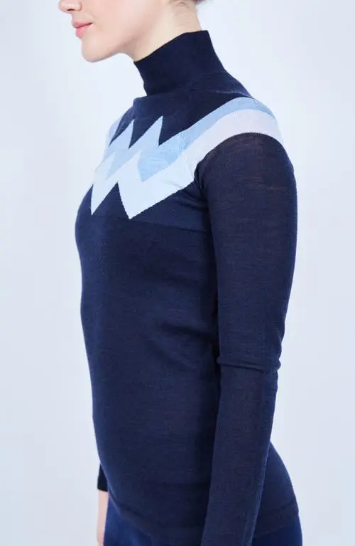 L'ETOILE SPORT Chevron Mock Neck Sweater - Navy With Light Blue Trim