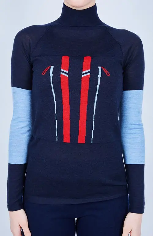 L'ETOILE SPORT Merino Mock Neck Ski Sweater - Navy With Red, Light Blue Trim