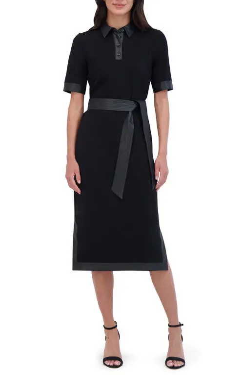 Eliza J Faux Leather Trim Tie Waist Midi Dress - Black