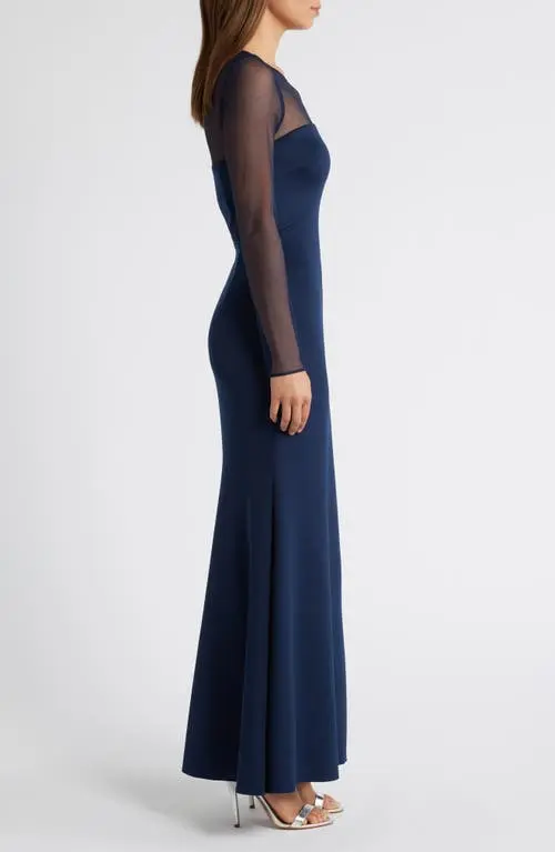 Eliza J Rosette Mesh Trim Long Sleeve Gown