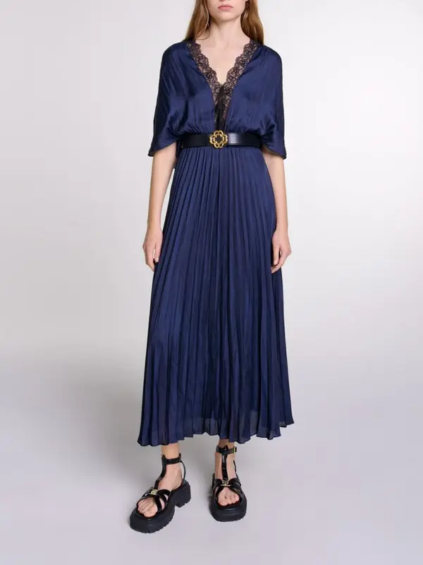 Maje Pleated Maxi Dress With Lace