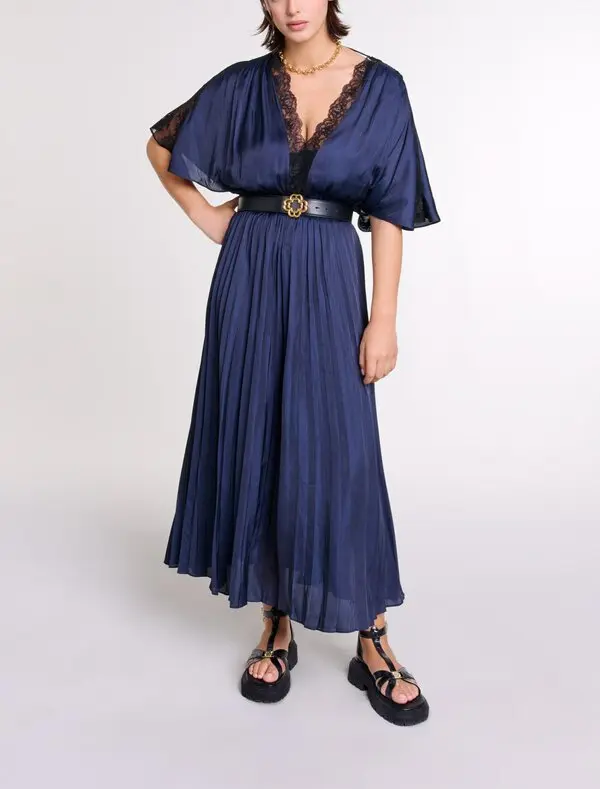 Maje Pleated Maxi Dress With Lace