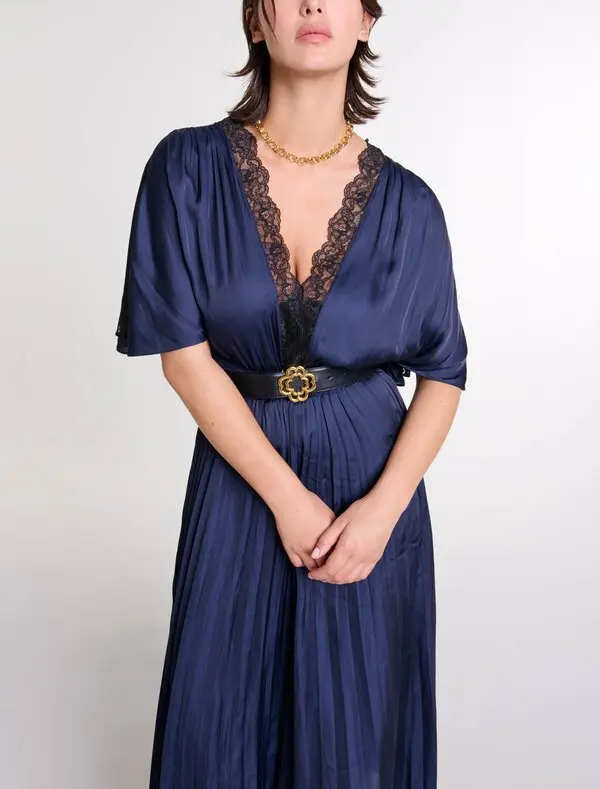 Maje Pleated Maxi Dress With Lace