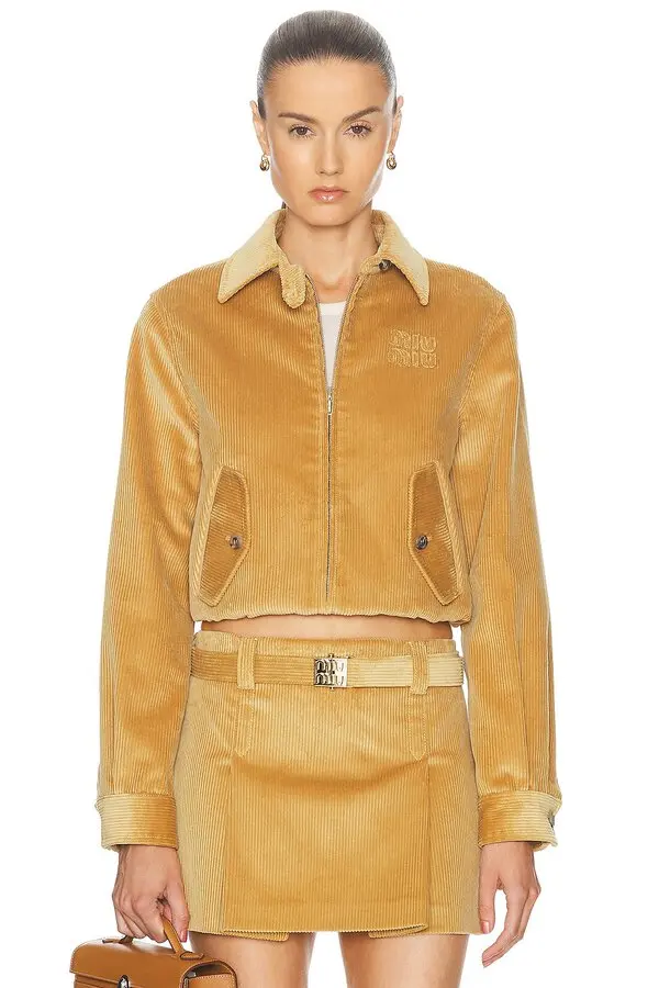 Miu Miu Ribbed Bomber Jacket In Brown