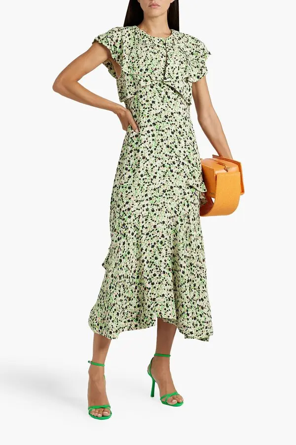 Ruffled Floral-print Crepe Midi Dress - Green