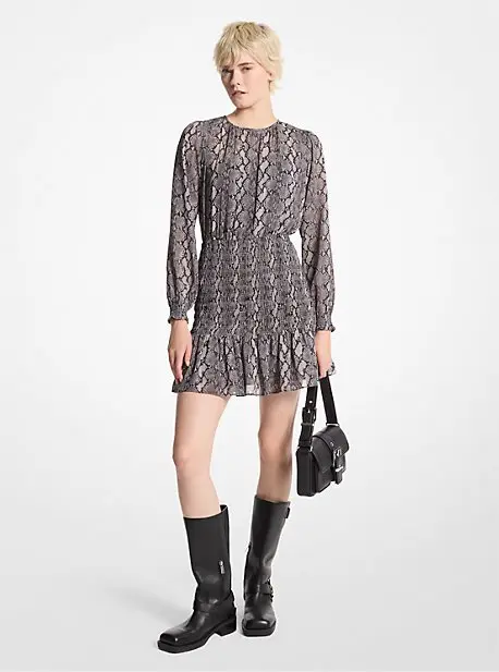 Michael Kors Snake Print Georgette Smocked Dress In Black - 90% Off |  Editorialist
