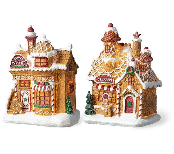 GLITZHOME Lighted Christmas Gingerbread Houses Able Decor S/2 - One-color