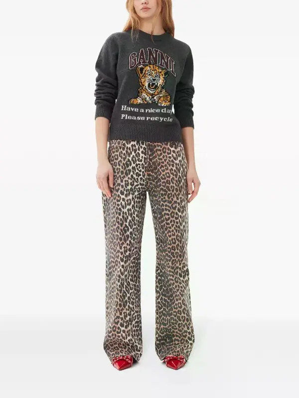 GANNI Leopard Print Denim Trousers - Neutrals