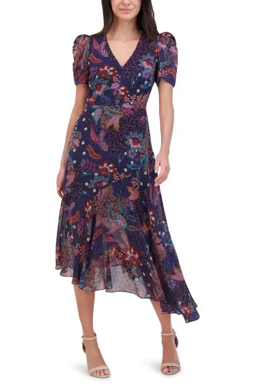 sachin and babi light blue dress Vince Camuto Floral Puff Sleeve Asymmetric Chiffon Dress In Navy Multi -  50% Off