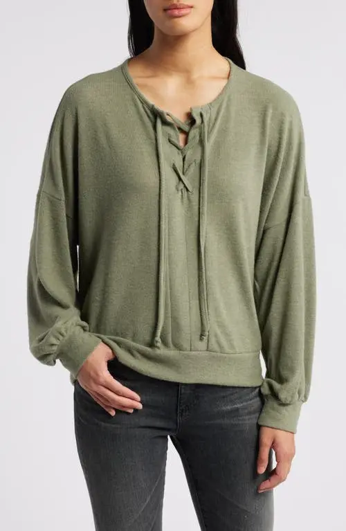 Loveappella Lace-up Knit Top - Olive