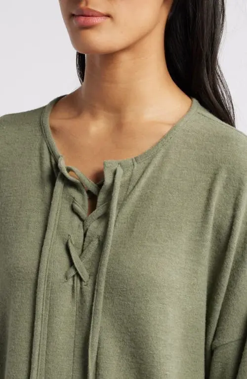 Loveappella Lace-up Knit Top - Olive