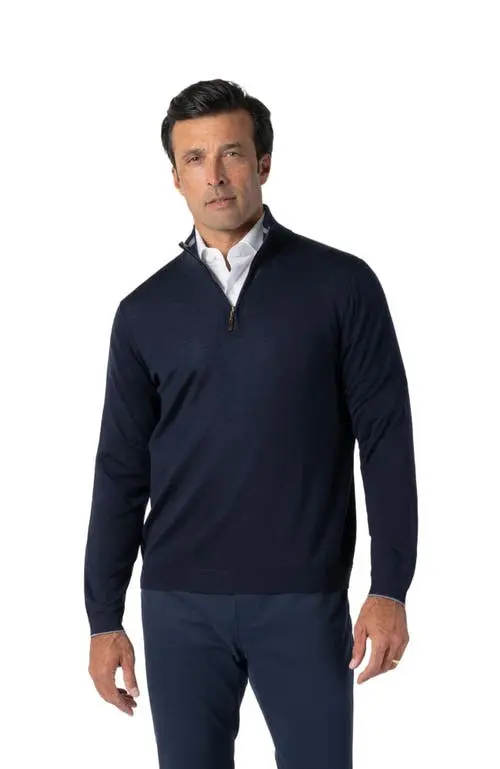 Robert Talbott Eastwood Quarter Zip Pullover - Navy With Gray Tipping