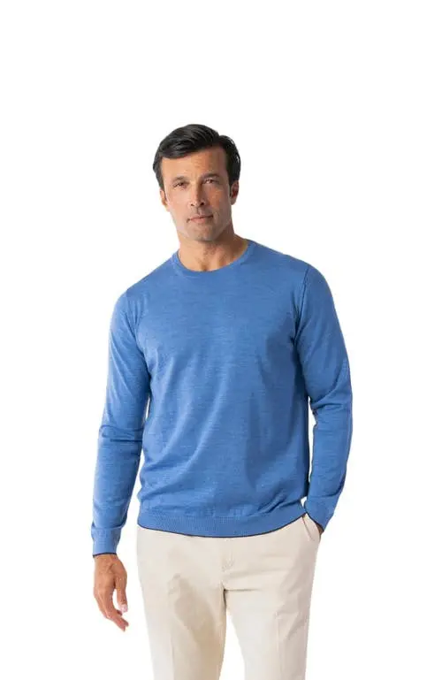 Robert Talbott Keaton Crewneck Sweater - Sky Blue With Navy Tipping
