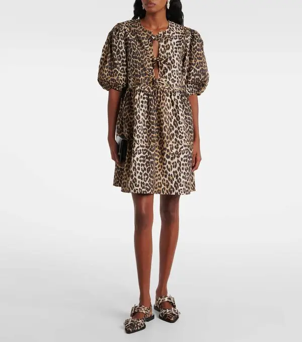 GANNI Leopard-print Mini Dress - Brown