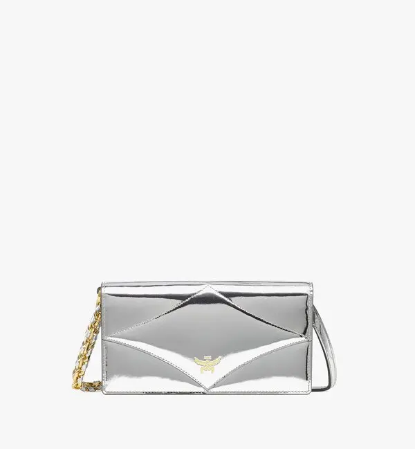 Mcm Diamond Chain Wallet In Metallic Mirror Leather - Silver