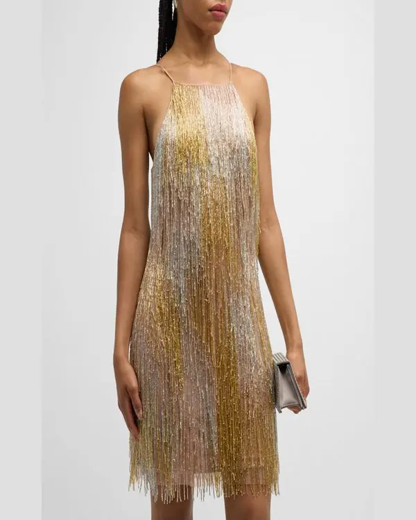 Liv Foster Bead-Fringe Halter Mini Dress - Metallic Multi | Editorialist
