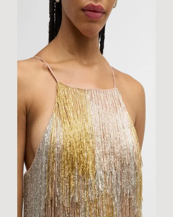 Liv Foster Bead-Fringe Halter Mini Dress - Metallic Multi | Editorialist