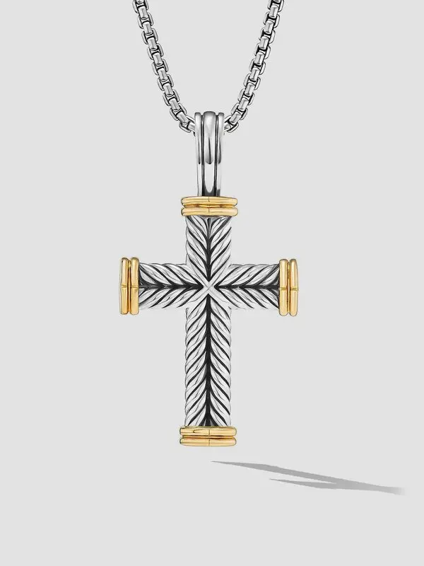 David Yurman Chevron Cross Pendant In Sterling With 18k Yellow Gold, 33mm - Silver