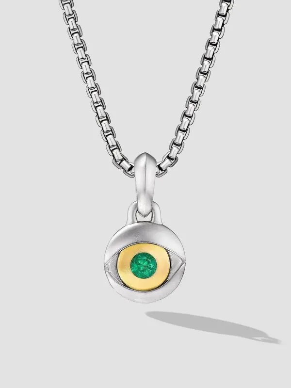 David Yurman Evil Eye Amulet In Sterling Silver With 18k Yellow Gold And 14.5mm - Emerald