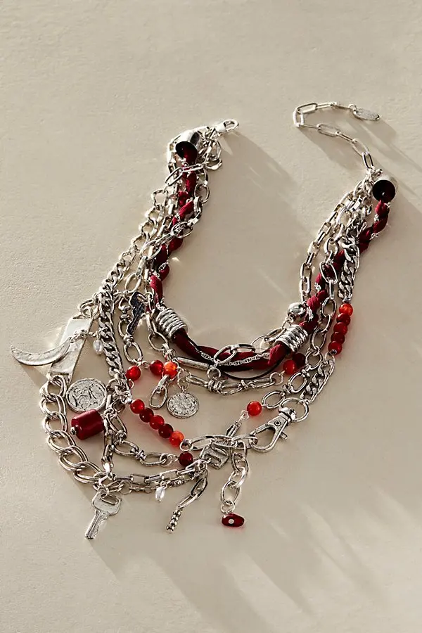 Free People Choker With Chain And Charm Detail - Red
