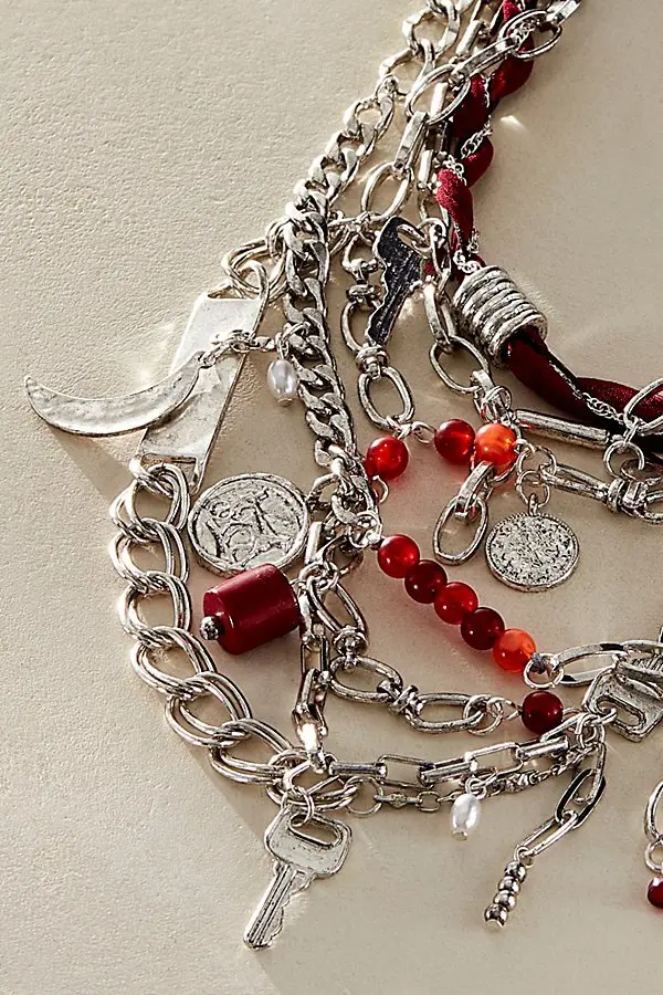 Free People Choker With Chain And Charm Detail - Red
