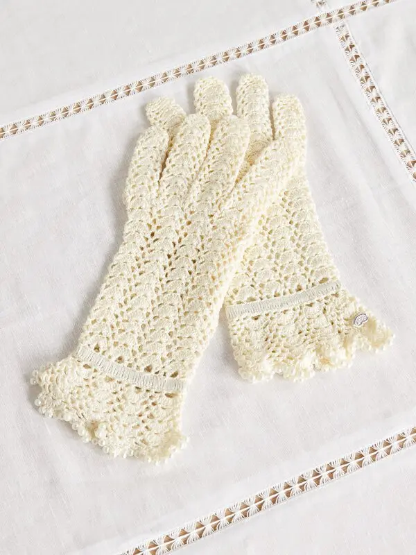 GOHAR WORLD Crocheted Cotton Gloves With Pearl-like Trim - White